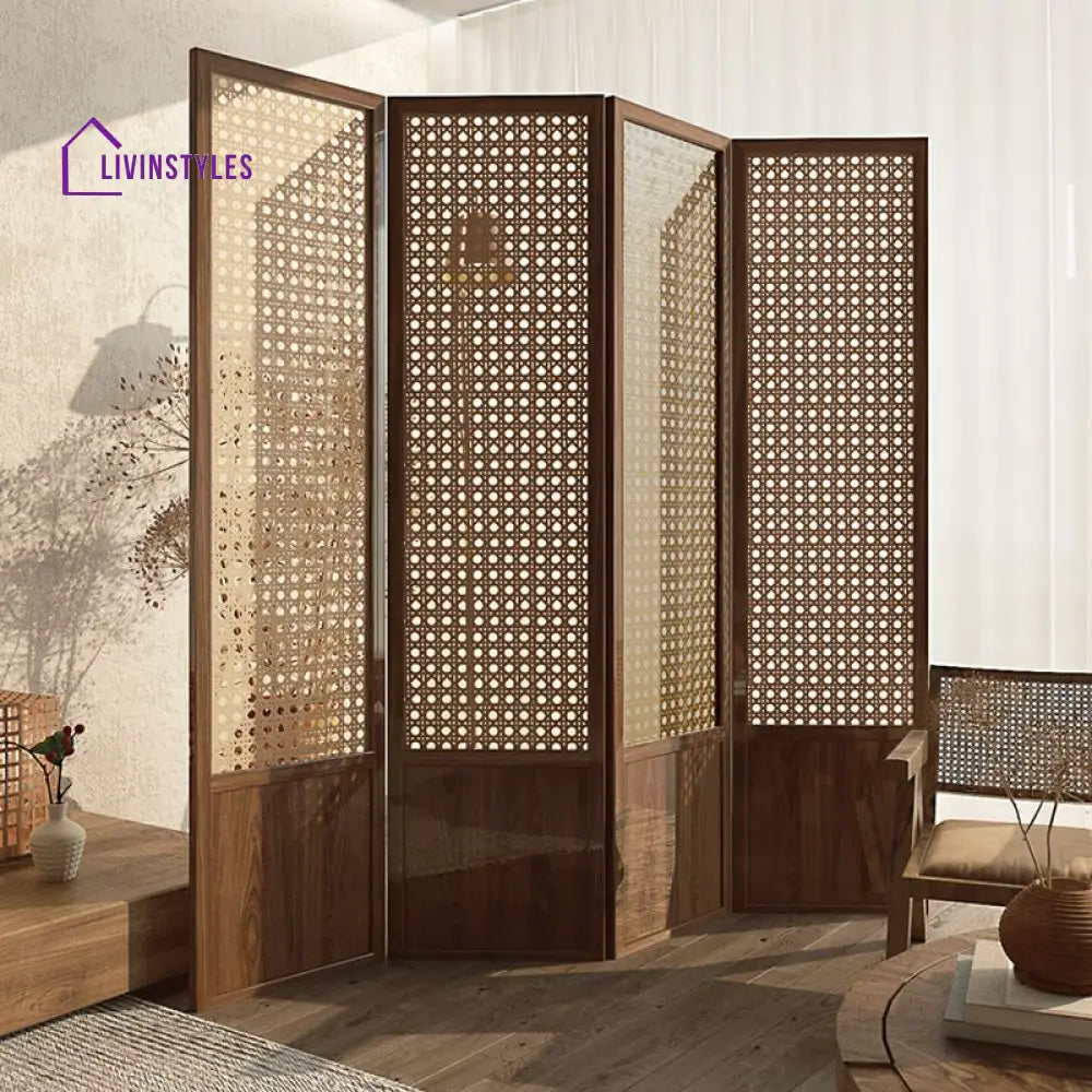 Calista Wooden and Cane Weaving Room Partition for Living Room - 3 Pan ...