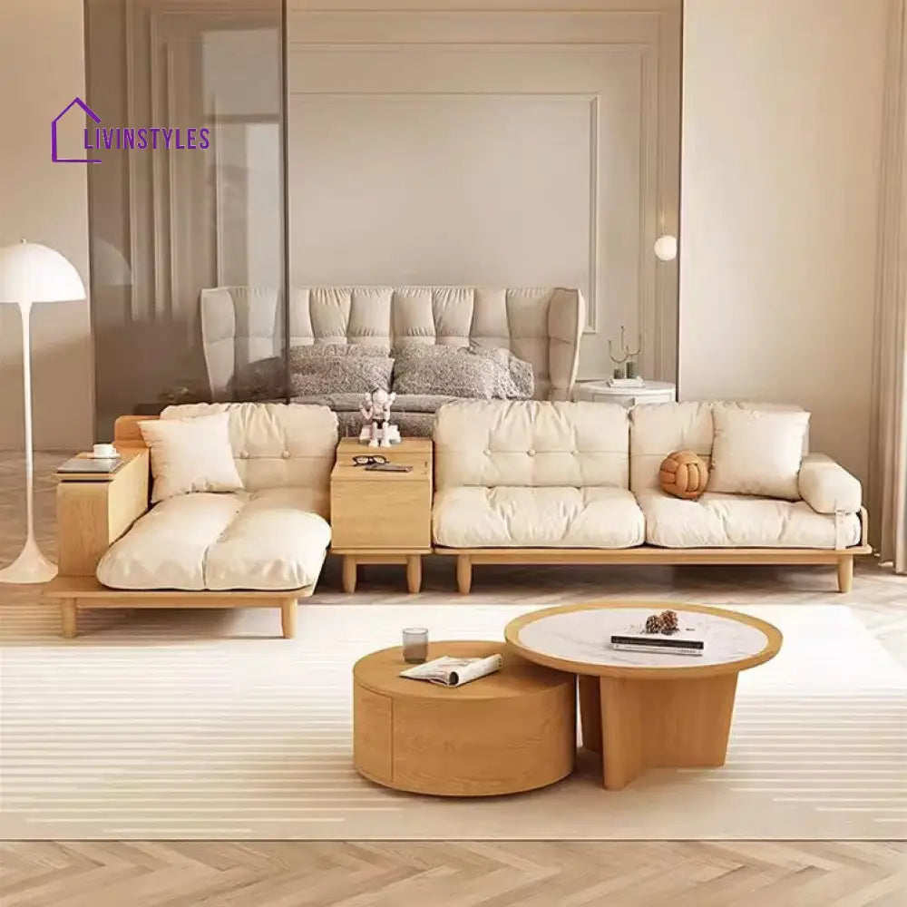 Julie Solid Wood Sofa With Rotating Armrest Tray and Liftable End Tabl ...