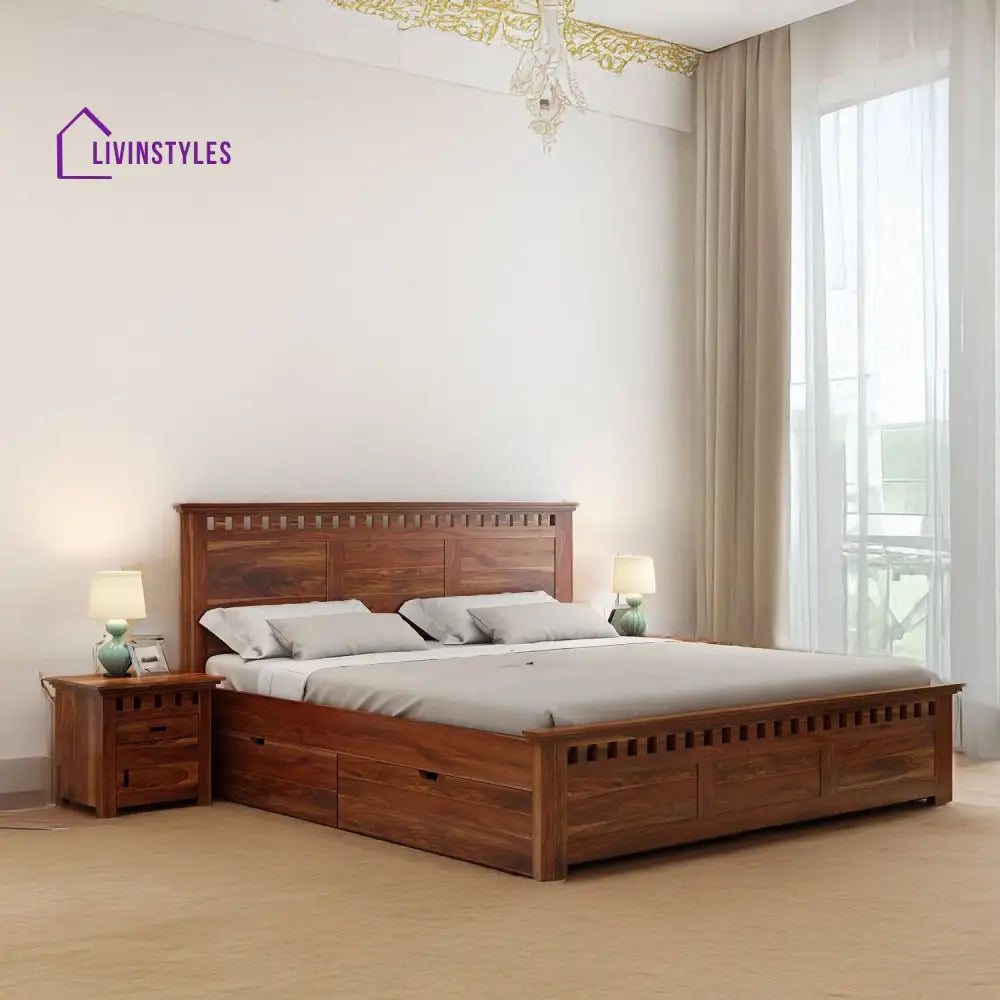 Sona Solid Sheesham Wood Bed With Box Storage (King Size, Honey Finish ...